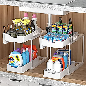 2 Pack Under Sink Organizers and Storage 2-Tier Double Sliding Pull-out Drawer, SDXYSTCE Multi-purpose Under Sink Organizer for Kitchen and Bathroom with 4 Hooks, 2 Hanging Cup,White