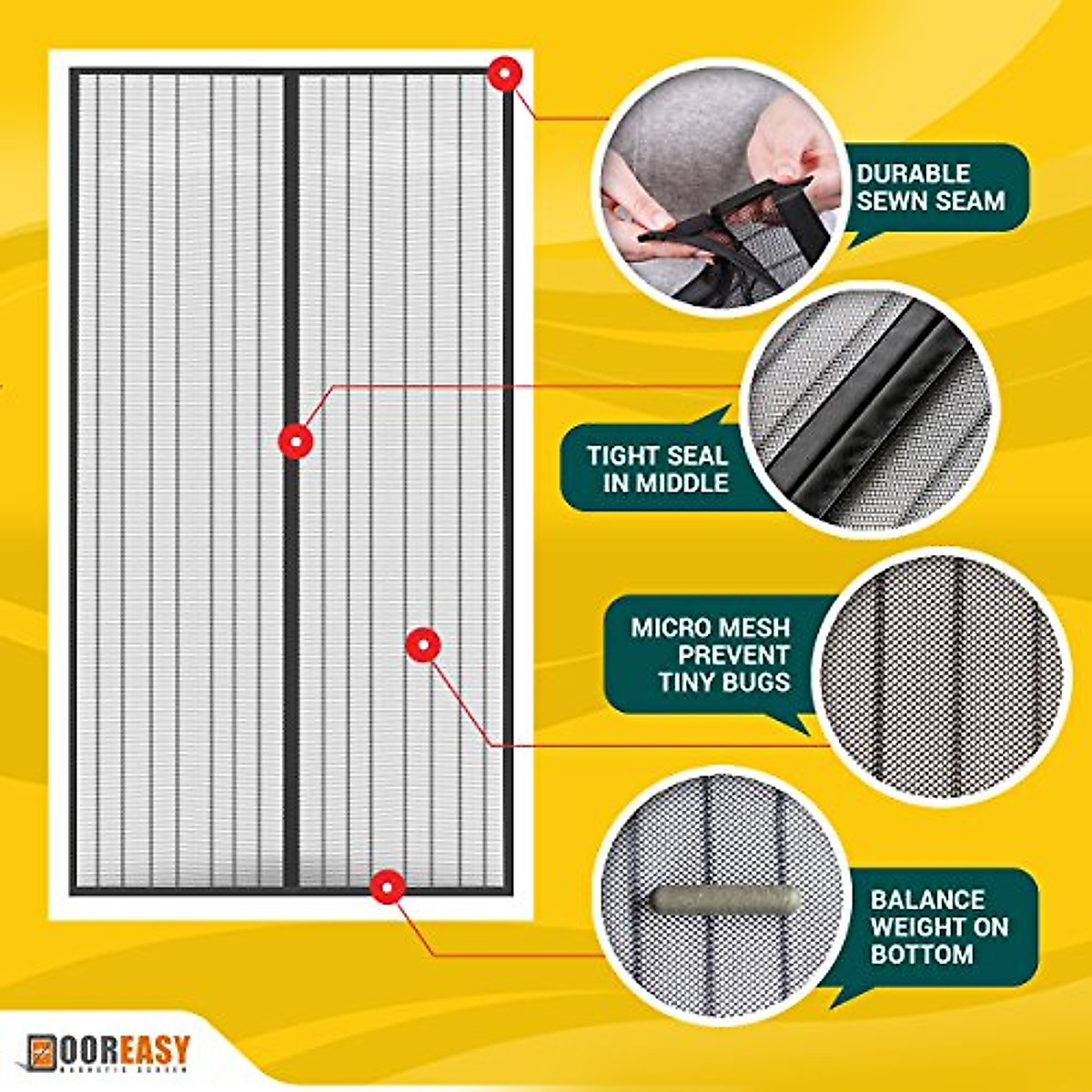 DOOREASY Magnetic Screen Wide Range Sizes Screen Door, Full Frame Loop Sewn Polyester Mesh, Add-on Magnets and Weight Bars(Fits Doors up to 30"x79")