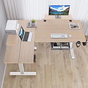 Jceet 62x47 Inches L Shaped Electric Standing Desk with Drawer, Adjustable Height Sit Stand Up Desk with Storage Shelf, Pale Pearwood Top/White Frame
