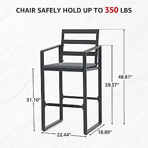 JARDINA Outdoor Bar Stools Set of 2, 31" Bar Height Bar Chairs with High Back, Cushion, Armrests, and Footrests, Aluminum Frame Patio Bar Stools for Backyard, Lawn, Pool(Dark Grey)