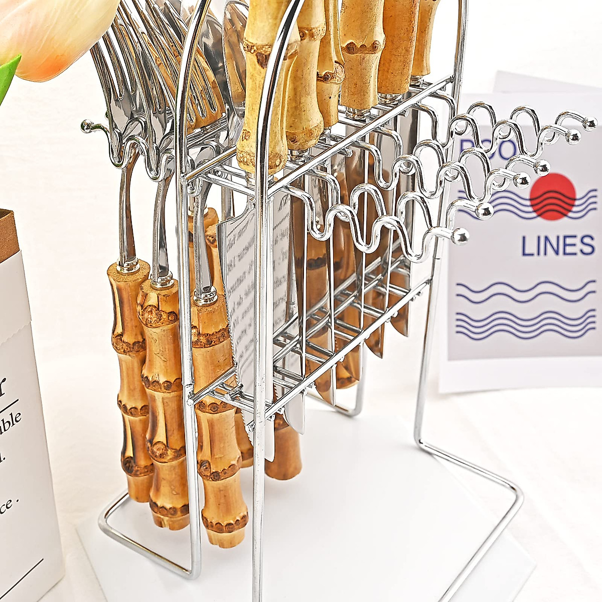 Snplowum 24-Piece Bamboo Flatware Set, Silver Stainless Steel Tableware Set With Cutlery Holder, Kitchen Utensils For Home And Restaurant Daily Use, Mirror Polish, Service For 6