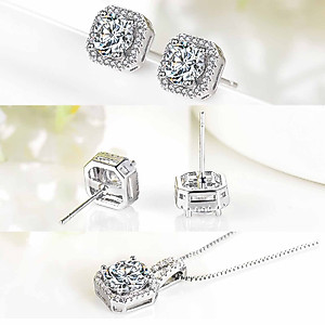 kai bao city 4pcs Set Zirconia Pendant Necklace Earrings Ring Bangle Set Silver Crystal Fashion Adjustable Zircon Jewelry for Women Teen Girls Wife Party Prom Engagement Wedding Gifts