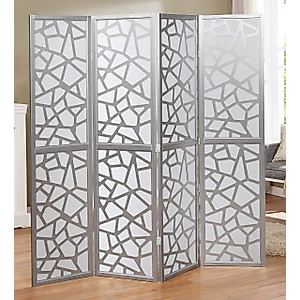 Roundhill Furniture Giyano 4 Panel Screen Room Divider, Sliver