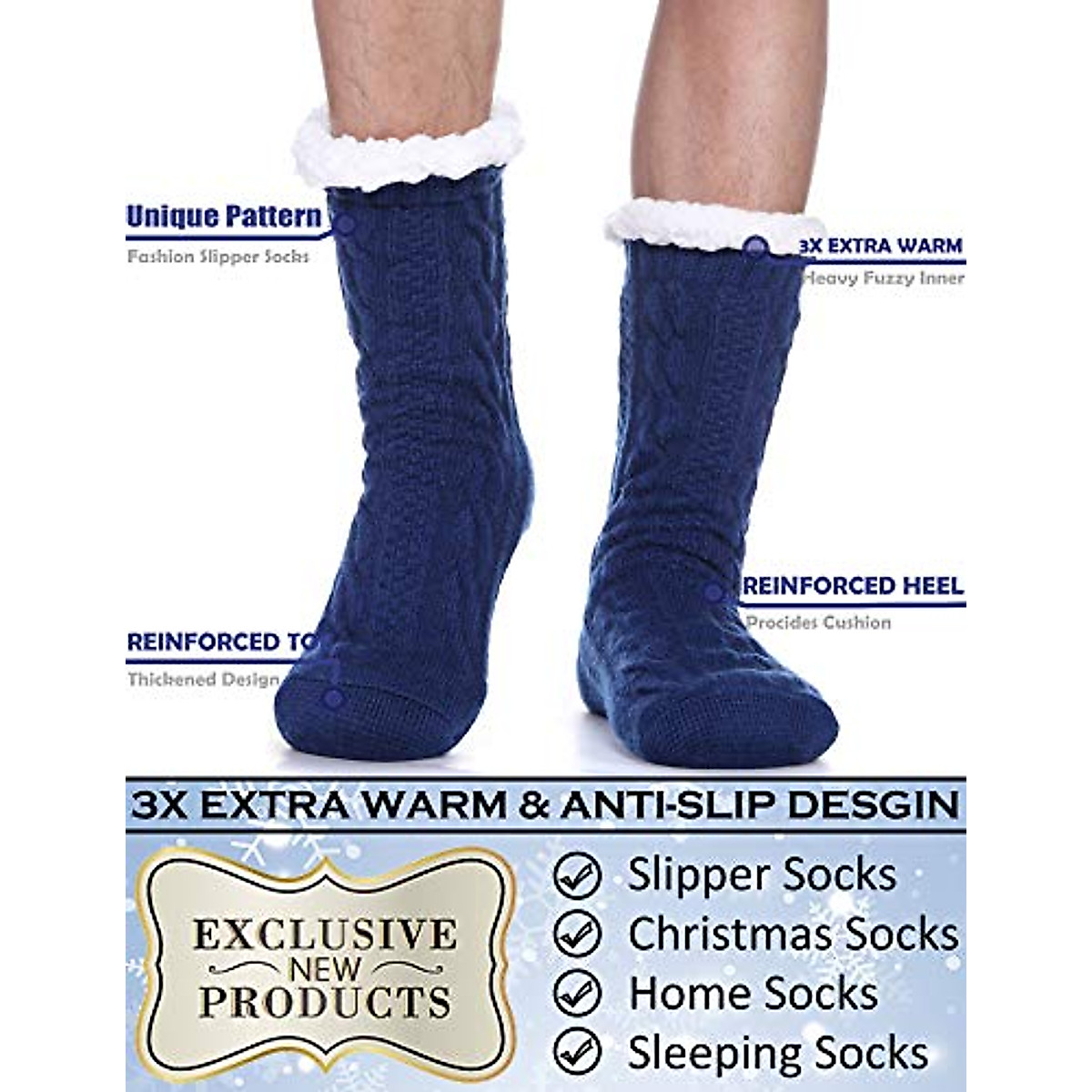 Anlisim Men Slipper Socks Fluffy Fuzzy Cabin Cozy Winter Warm Comfy Soft Fleece Thick Home Stocking Stuffers with Grips Non Skid Gift Socks（ Blue）