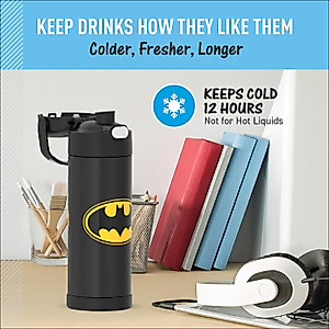 THERMOS FUNTAINER 16 Ounce Stainless Steel Vacuum Insulated Bottle with Wide Spout Lid, BATMAN