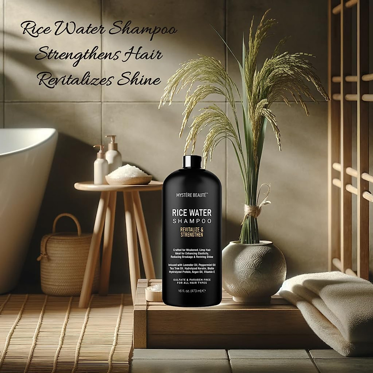 MYSTÉRE BEAUTÉ Rice Water Shampoo and Conditioner Set - Ultra-Nourishing Hair Care Set, Promotes Growth, Revitalizes Shine, and Shields from Damage - Infused with Essential Oils - 16 fl oz Each