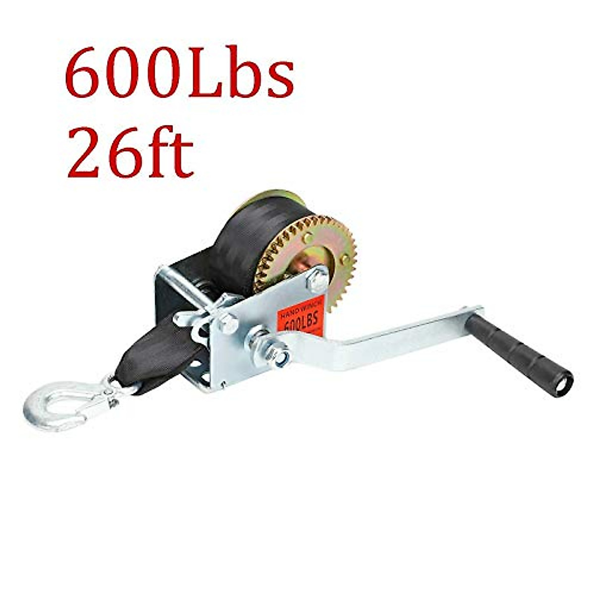 VOWAGH 600lbs 26FT 2" Hand Winch Hand Crank Strap Gear Winch Fit for ATV Boat Trailer Heavy Duty