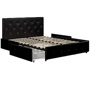 DHP Dakota Upholstered Platform Bed with Underbed Storage Drawers and Diamond Button Tufted Headboard and Footboard, No Box Spring Needed, Queen, Black Faux Leather