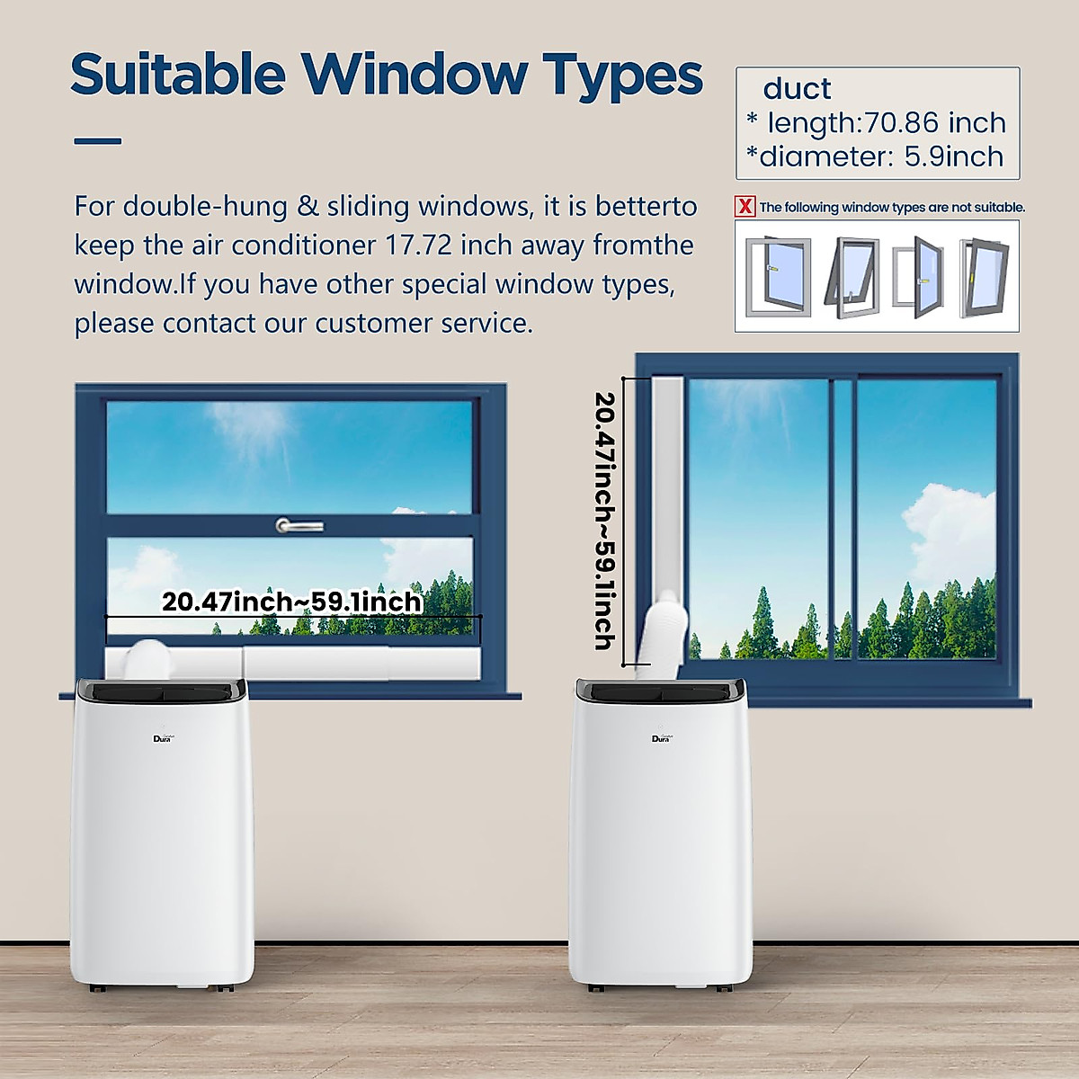 DuraComfort Cooling&Heating Portable Air Conditioners, 14000 BTU(ASHRAE) /10400 BTU (SACC), Dehumidifier, Fan, AC for Room, Up to 450 Sq.Ft