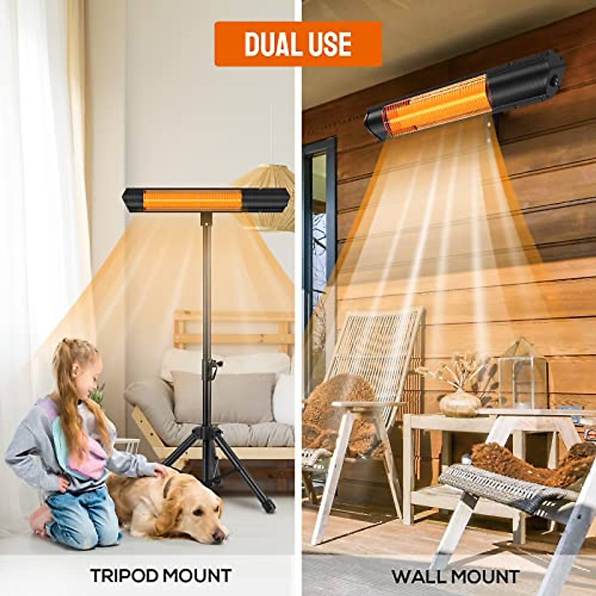 SIEANE Outdoor Patio Heater Electric Carbon Infrared Wall Mounted/Ceiling/Tripod 1500W Adjustable Temperature Instant Warm Heater with Remote Control IP65 Waterproof Heater for Garage Backyard