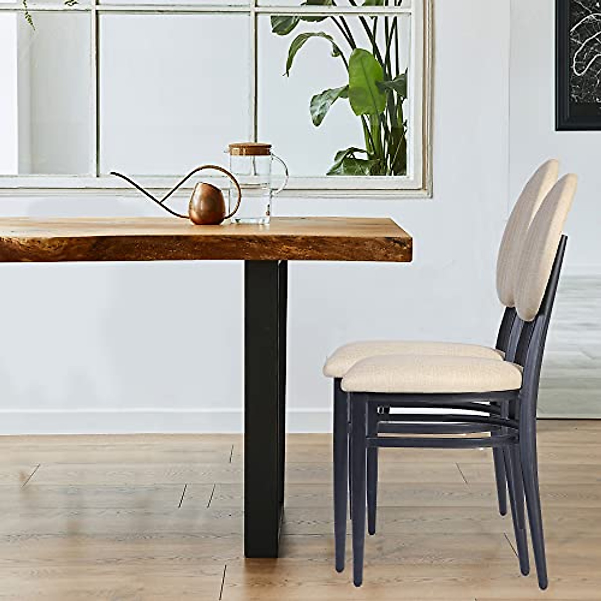 LUCKYERMORE Leather Dining Room Chair Set of 2 Heavy Duty Kitchen Chair Upholstered Vinyl Dining Chair with Round Back Modern Industrial Metal Frame 500LBS Weight Capacity,Black+Beige