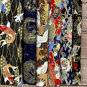 Japanese Fabric,Asian Fabric Squares 6 PCS,6 Different Black Japanese Wrapping Cloth Fish Floral Red Crowned Crane Patterned Fabric Bundles 19.6 x 15.8 Inch for Sewing Furoshiki Wrapping Artcraft DIY