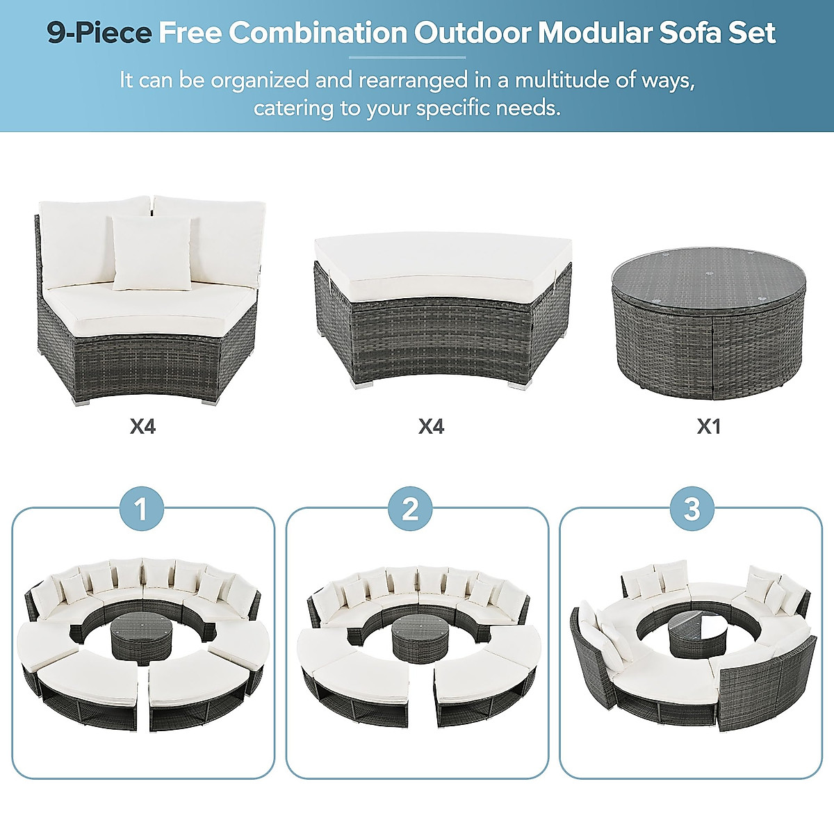 Merax Patio Furniture Set, 9-Piece Outdoor Patio Conversation Set Luxury Circular Outdoor Sofa Set Rattan Wicker Sectional Sofa Lounge Set with Tempered Glass Coffee Table, 6 Pillows, Beige