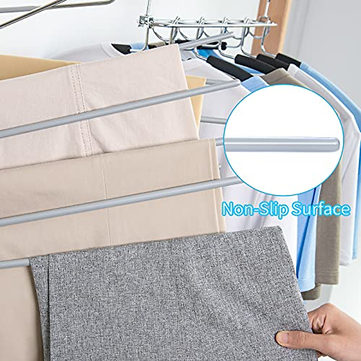 Nature Smile 4 Pack Heavy Duty Multi Layers Metal Pant Slack Hangers,Non-Slip 5-Tier Open-Ended Pants Hanger Closet Storage Organizer for Garden Flags Trousers Jeans Scarf(Silvery Grey Color