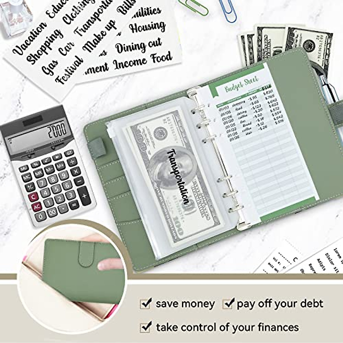 Budget Binder with Zipper Envelopes,Cash Envelopes for Budgeting, Money Organizer for Cash, A6 Budget Binder with 8pcs Cash envelopes, 12pcs Expense Trackers, 23pcs Label Stickers