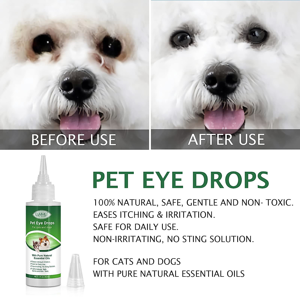 AIQIUSHA Dog Eye Drops 60ML for All Animal Eye Wash,Helps Relieve Pink Eye & Allergy Symptoms,Eases Itching & Irritation,with Pure Natural Essential Oils 100% Natural, Safe, Gentle and Non- Toxic