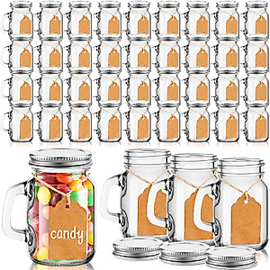 48 Pcs 4 oz Mason Jar Cups with Handles Silver Metal Lids and 50 Paper Gift Tags 50 Twine Clear Retro Mason Jar Mugs Glass Mason Jars Drinking Glass for Beverages Storage Decoration Party Favor Gift