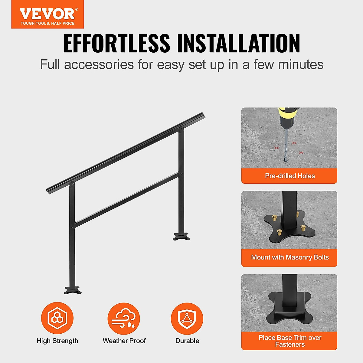 VEVOR Handrail for Outdoor Steps, 3-4 Steps Outdoor Handrail, Adjustable Aluminum Staircase Handrail, Thickened Stair Railings for Porch Railing, Deck Handrail
