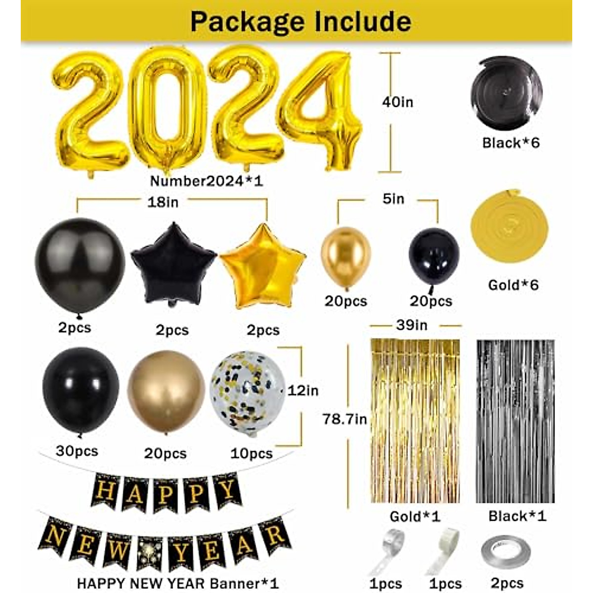 New Years Eve Party Supplies 2024 Kit - Pack of 125, Huge Gold 2024 Balloons, Happy New Year Banner, Black and Glod Hanging Swirls, Gold Fringe Backdrop for NYE Decorations 2024, New Years Party Décor