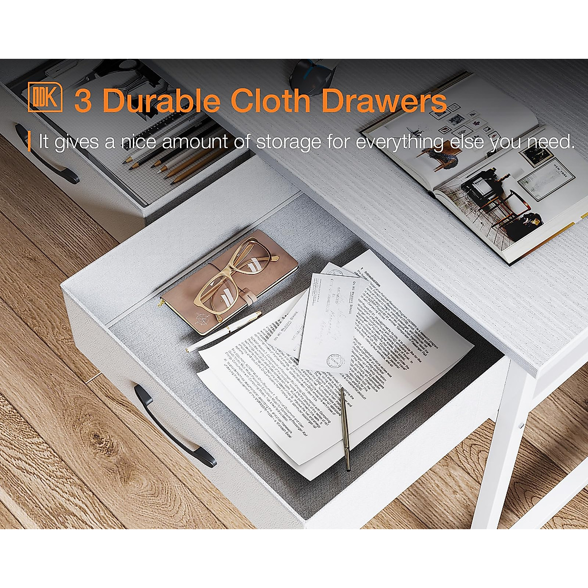 ODK 48 Inch Computer Desk with 3 Drawers and USB Power Outlets, Home Office Desks with LED Lights and Adjustable Monitor Stand, Work from Home, Modern Work/Writing/Study Table for Bedroom, White