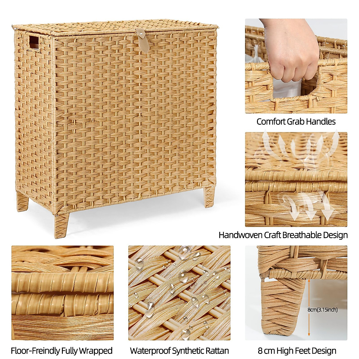 132 L Wicker Laundry Hamper with Lid 3 Section, Extra Large HandWoven Synthetic Rattan Wicker Laundry Basket with Removable Liner Bags for Bedroom Bathroom, Dirty Clothes Hampers Sorter Foldable