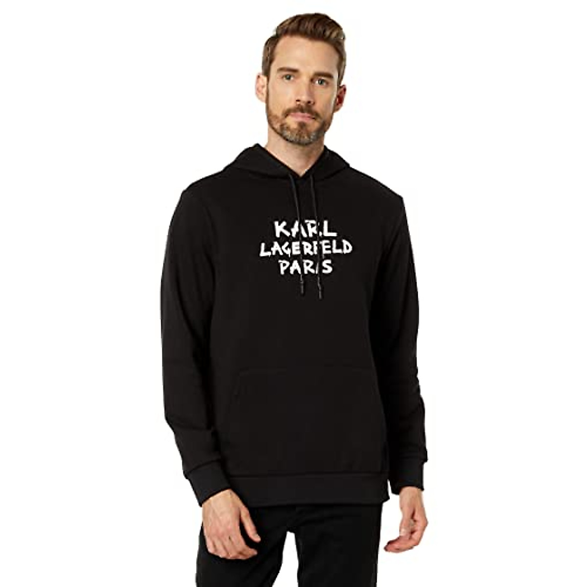 Karl Lagerfeld Paris Men's Solid Center Logo Drawcord Hoodie, Black, X-Large