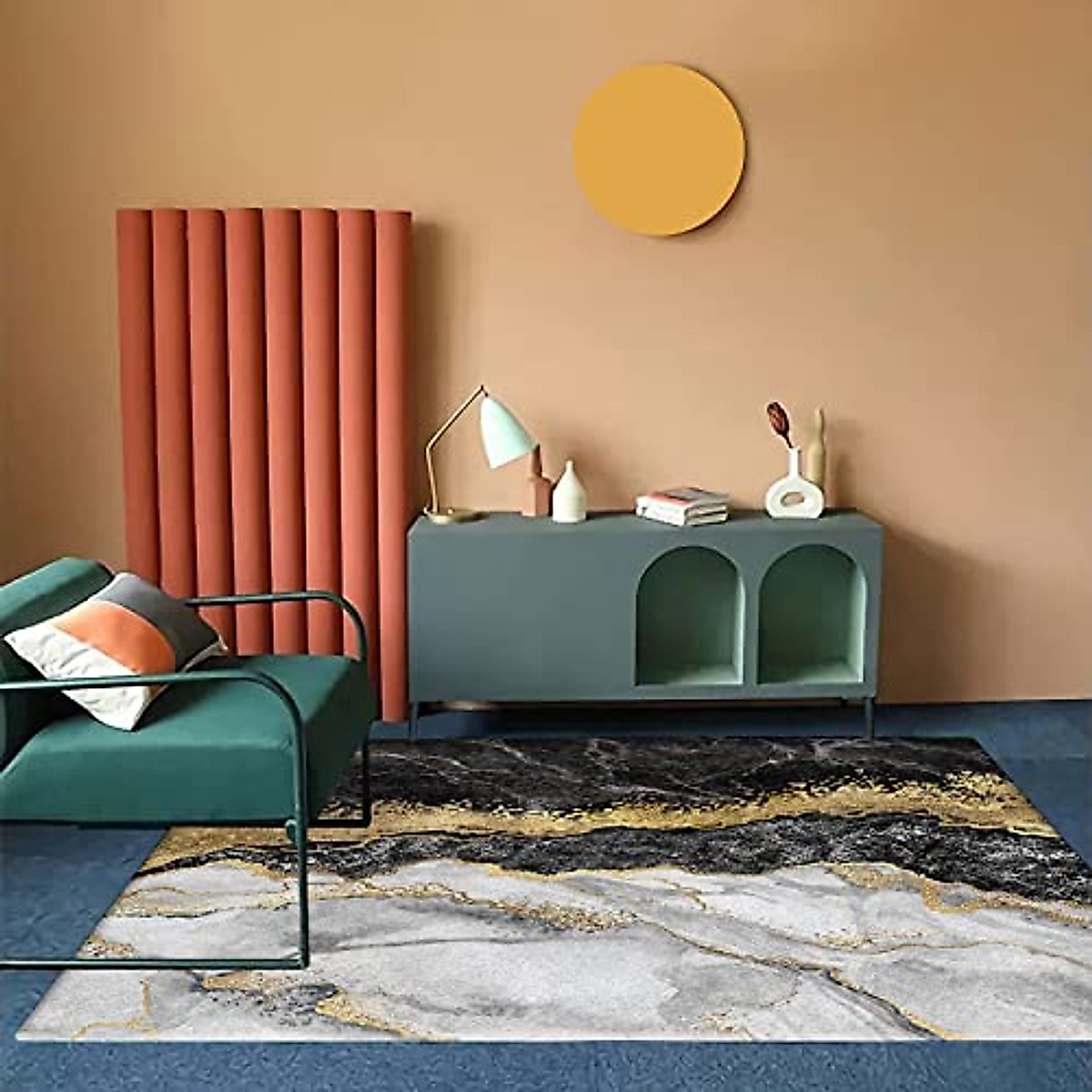 Abstract Modern Marble Area Rug, Black and Gold Marble Rugs Floor Carpet, Indoor Non-Slip Rug for Room Sofa Living Room Mat Bedroom Home Decor Floor Mats 6.6' x 5.3'