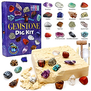 DANCING BEAR Gem Dig Kit - Excavate 16 Gems & Crystals Including Arrowheads, Quartz, Amethyst - STEM Education Gift Set for Kids
