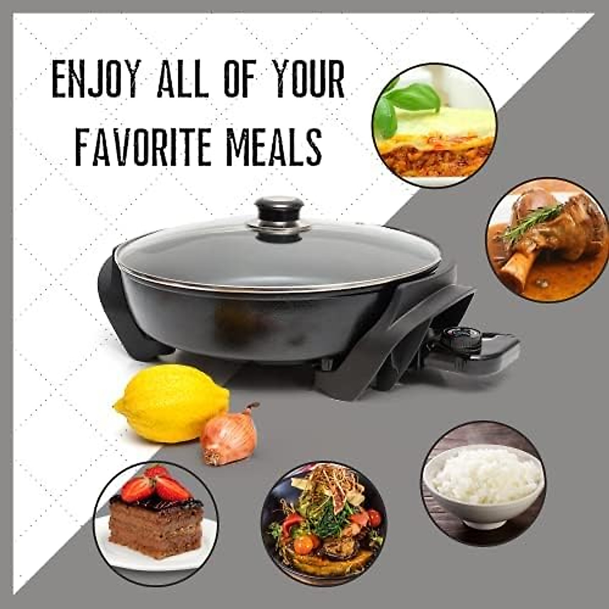 Moss & Stone Round Nonstick Electric Skillet With Lid, Aluminum 12 Inch Electric Frying Pan, 2 Layers Of Non-Stick Coating, Adjustable Temperature Control, Lid With Steam Vent, Electric Deep Skillet