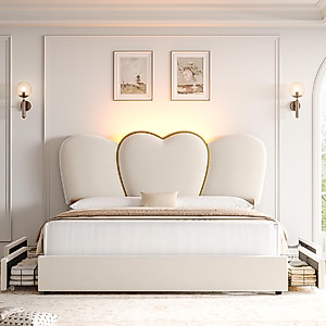 HITHOS King LED Bed Frame with 4 Storage Drawers, Modern Velvet Upholstered Platform Bed with 55" Tall Heart Shaped Headboard, Solid Wooden Slats Support, No Box Spring Needed, Metal Trim, Beige