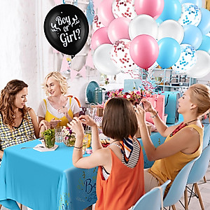 Panelee 51 Pcs Gender Reveal Party Decorations 54'' x 108'' Disposable Tablecloth 12'' Pink Blue White Latex Balloons 18'' Black Boy or Girl Balloons with 16.4ft Blue and Pink Ribbon for Party