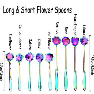 Flower Spoon Coffee Teaspoon Set, PBIEHSR Stainless Steel Tea Spoon Two Different Lengths Dessert Spoon for Stirring Drink Mixing Milkshake Jam, Set of 9 (Multicolor)