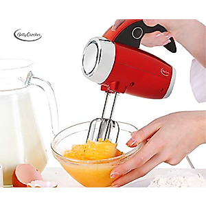 Betty Crocker 7 Speed Hand Mixer with Stand with Chrome Beater and Hooks, Metallic Red, BC-2208CMR, 6.06*8.66*6.65