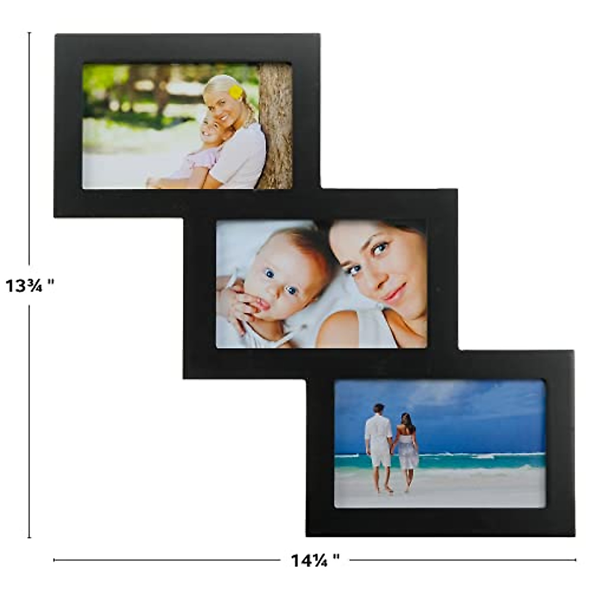 EXCELLO GLOBAL PRODUCTS Diagonal Collage Frame Holds Three 4x6 Photos: Ready to Hang Modern, Barnwood, Farmhouse, Beach House Wood Picture Frame (Black)