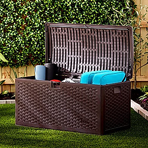 Plastic Development Group Multipurpose 73 Gallon Resin Outdoor Backyard Patio Storage Deck Box Container with Soft Close Lid, Java Brown