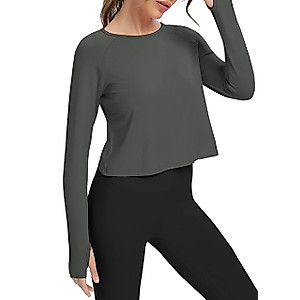 Bestisun Split Back Workout Long Sleeve Shirts Exercise Sports Clothes Activewear Running Tops for Women Deep Gray S