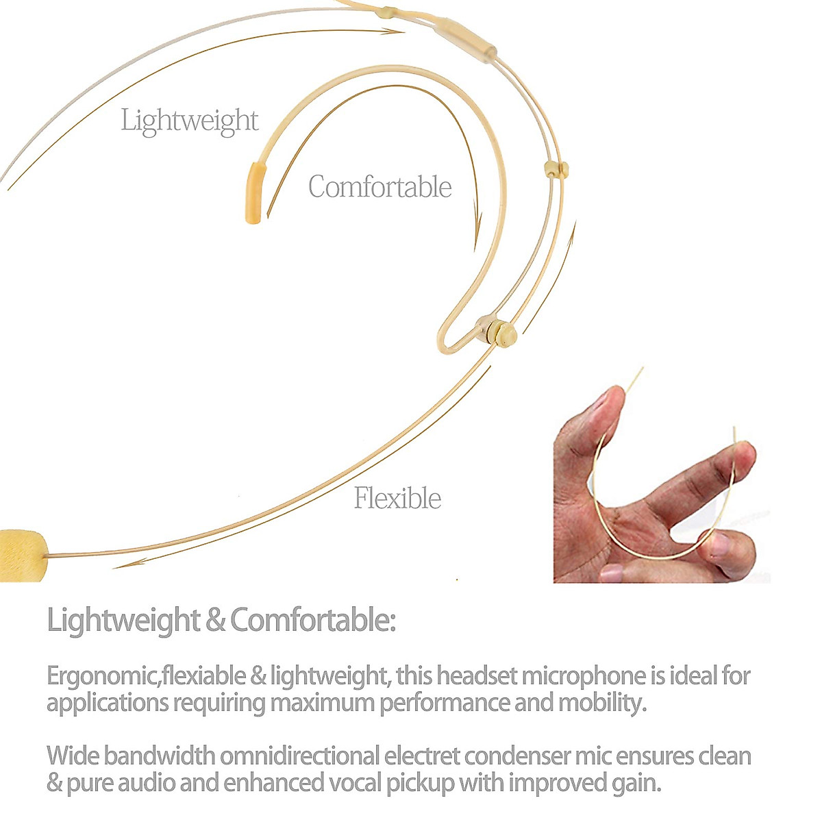 Sujeetec Microphone Headset Discreet Headworn Earset Over Ear Hanging Mic for Wireless System Bodypack Transmitter, Ideal for Lectures, Live Performance, Theater, Podcasts – Beige