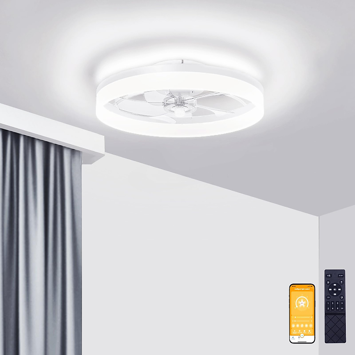 VOLISUN Low Profile Ceiling Fans with Lights and Remote, 19.7in Fandelier Ceiling Fan Flush Mount, 3000K-6500K Smart Bladeless LED Fan Light, White Modern Ceiling Fans with Lights for Bedroom
