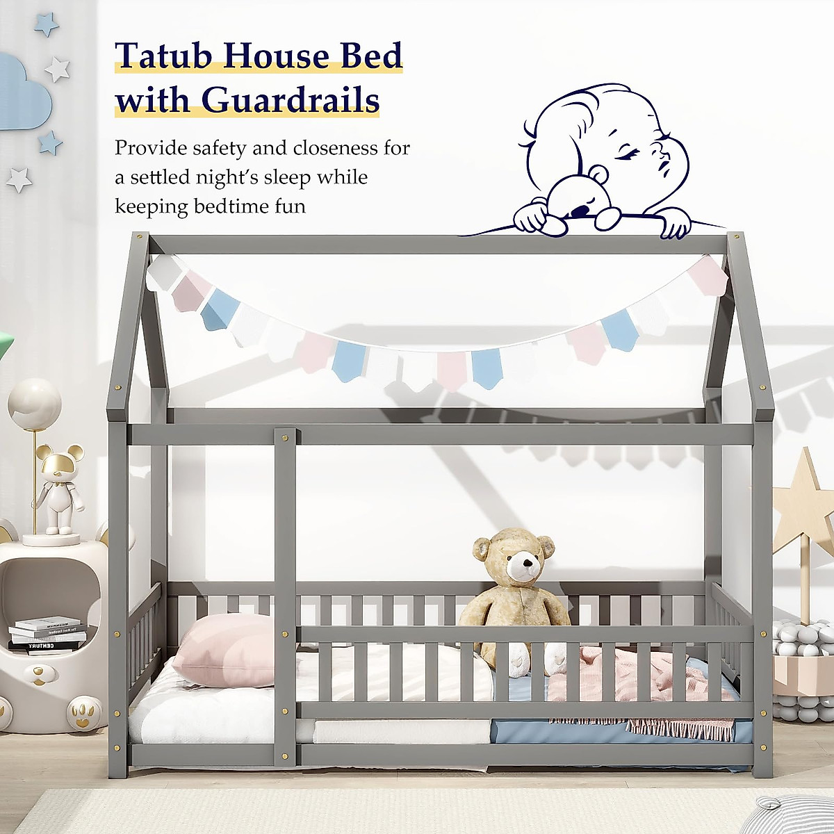 Tatub Twin House Floor Bed for Kids, Montessori Floor Bed with Rails, Floor Bed Frame with Roof, Wood House Bed for Girls & Boys, Twin-Grey