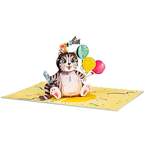 Paper Love 3D Pop Up Birthday Card, Birthday Cat, For Adults and Kids - 5" x 7" Cover - Includes Envelope and Note Tag