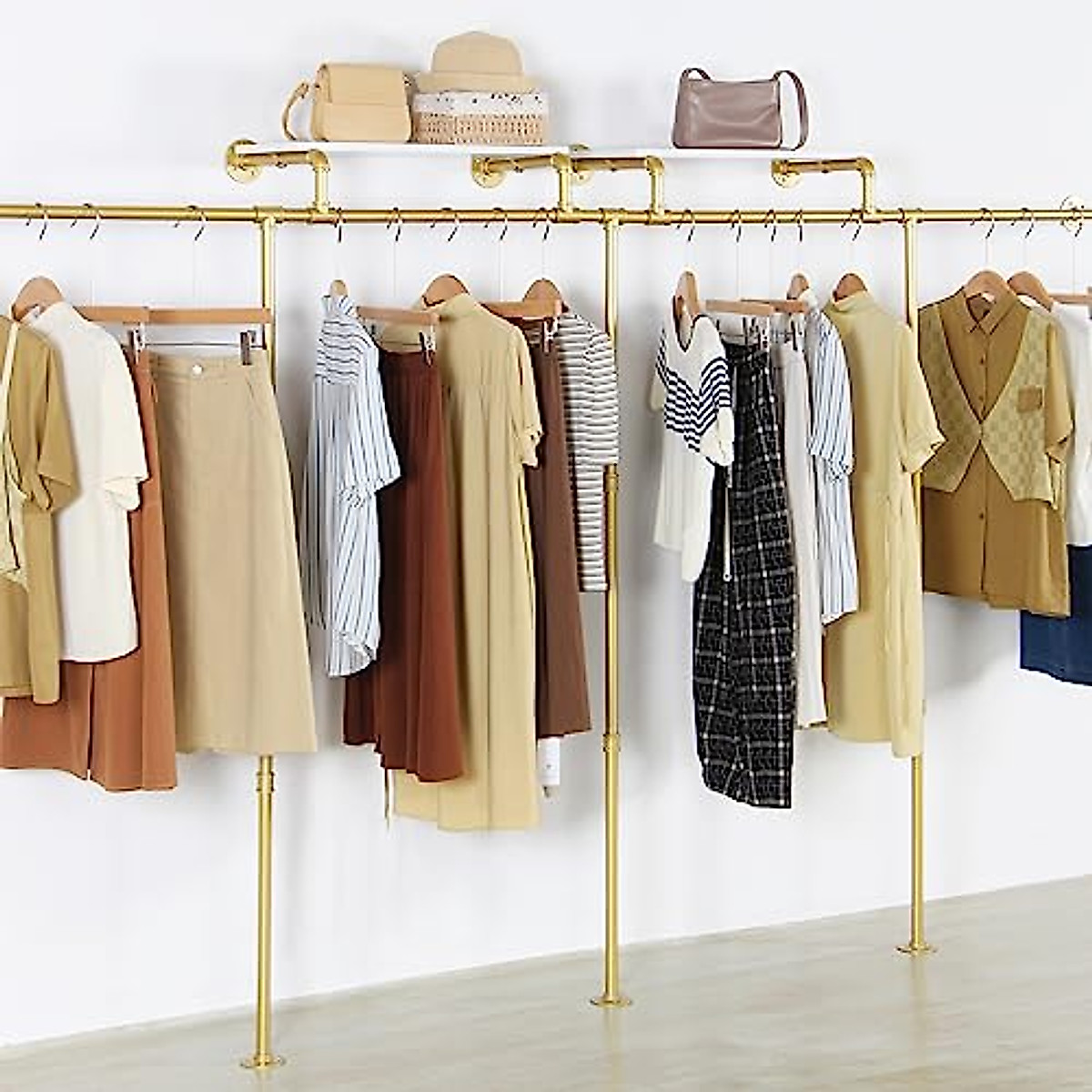 WJJAYY Wall Mounted Gold pipe clothing rack with 3 T-Bar Design and Nano Gold Finish with 2 Wooden Shelves Heavy Duty Wall Mounted Gold Iron Garment Bar for Retail Display and Closet Storage