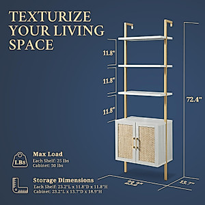 OAKHAM HOME 5 Tier Book Shelf, 73" Tall Bookshelf with Storage, Modern Bookcase with Shelves, Wall Mount Ladder Shelf with Steel Frame, Bookshelves with Rattan Cabinet for Living Room (Pale Oak)