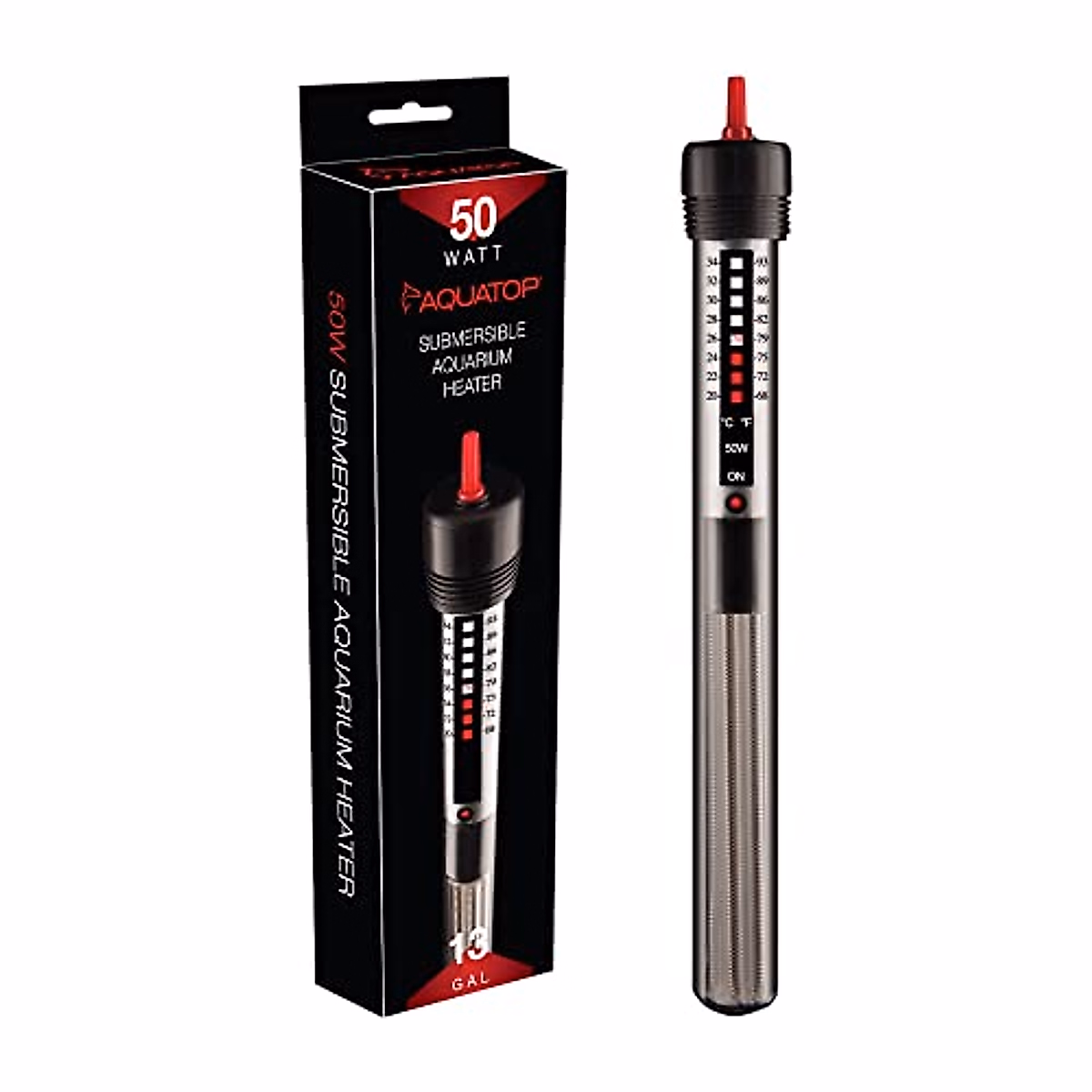 Aquatop 50W Aquarium Submersible Glass Heater – Fully Submersible For Fish Tanks Up To 13 Gallons, 68-93F Adjustable Temperature Range, Fresh & Saltwater Use, Aquarium Heaters, GH-50