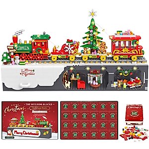 Advent Calendar 2023 Christmas Train Building Blocks Set, 24 Boxes-1529 Pieces Christmas Train with Lights Display Building Kits for Adults and Kids Countdown to Christmas Thanksgiving Gifts