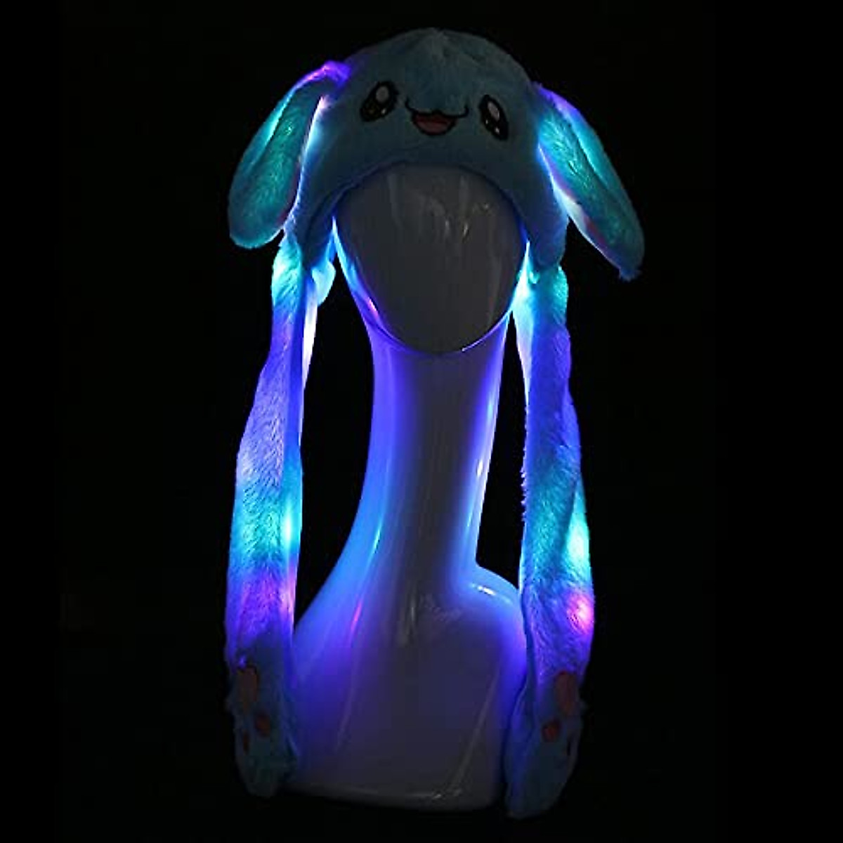 AIYUENCICI Funny Plush Rabbit Hat Ear Moving Jumping Hats Cute Bunny Hat Cap for Women Girls Cosplay Party Holiday (LED Blue)