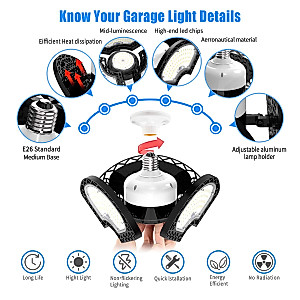 Dansny LED Garage Light, 120W Deformable LED Garage Ceiling Lights 18000 Lumens Led Shop Lights for Garage, Garage Lights with 3 Adjustable Panels.