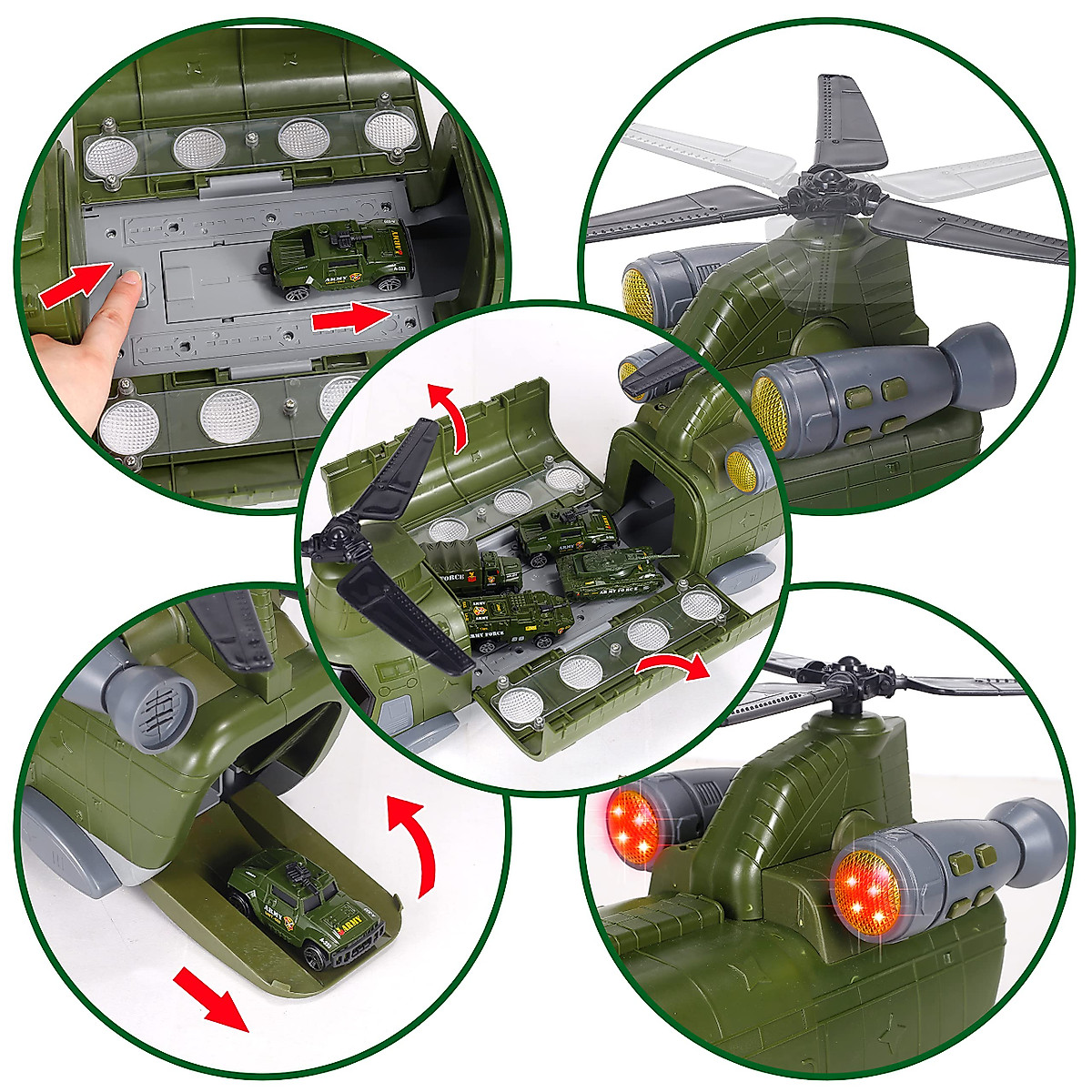 JOYIN Military Transport Cargo Airplane Car Toy Play Set Including Friction Powered Helicopter with Light, 6 Die-Cast Military Cars & 12 Army Men Figures for Over 3 Years Old Boys and Girls