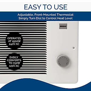 Broan-NuTone Wall Heater, White Grille Heater with Built-In Adjustable Thermostat, 750/1500W, 120/240V AC