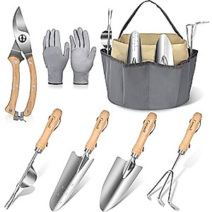 Carsolt Garden Tool Set - 7 Piece Stainless Steel Heavy Duty Wooden Handle Gardening Tools, Gardening Kit for Digging Planting Pruning with Durable Tote Bag Gift Box Ideal Garden Gifts for Women Men
