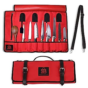369 Products Chef Knife Bag - 18" x 7" x 3" Waterproof Polyester Knife Roll Bag with 13 Slots, Stylish Leather Straps and Detachable Shoulder Harness, Additional Zipper Compartment